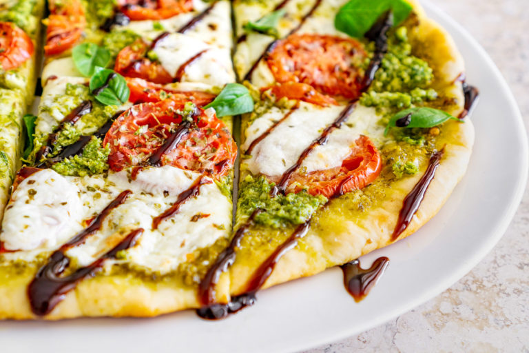 Pesto Pizza with Fresh Mozzarella and Tomatoes | Babaganosh