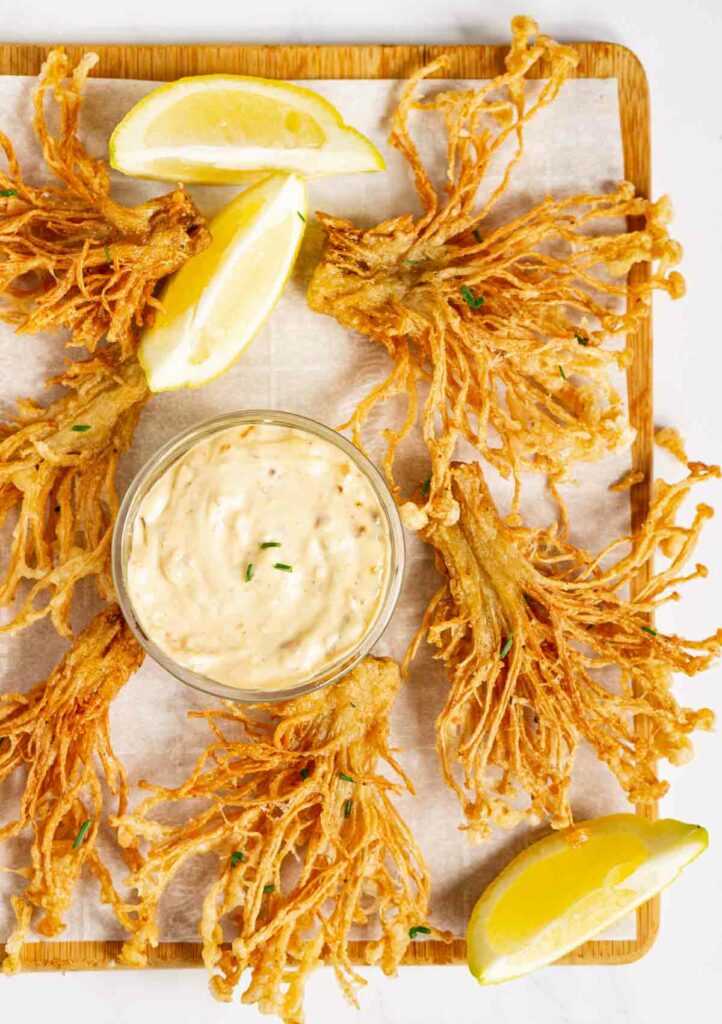 Fried Enoki Mushrooms with Chili Aioli | Babaganosh