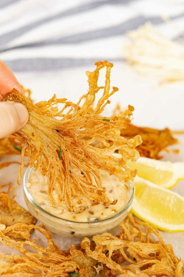 Fried Enoki Mushrooms with Chili Aioli | Babaganosh
